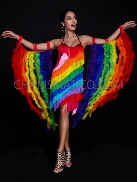 Rainbow Gay Pride Fringe Dress With Feather Fringe Arm Cuff Tassels