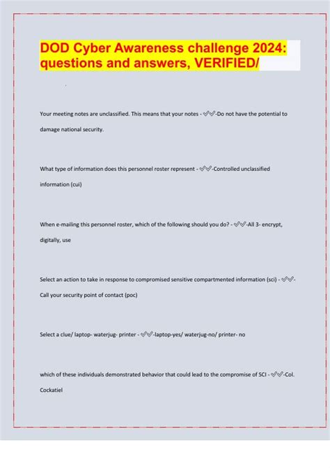 Dod Cyber Awareness Challenge 2024 Questions And Answers Verified 2024 25 Exam Board Exam