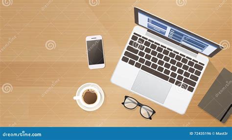 Workplace Desk Laptop Computer Cell Smart Phone Coffee Top Angle View Copy Space Stock Vector