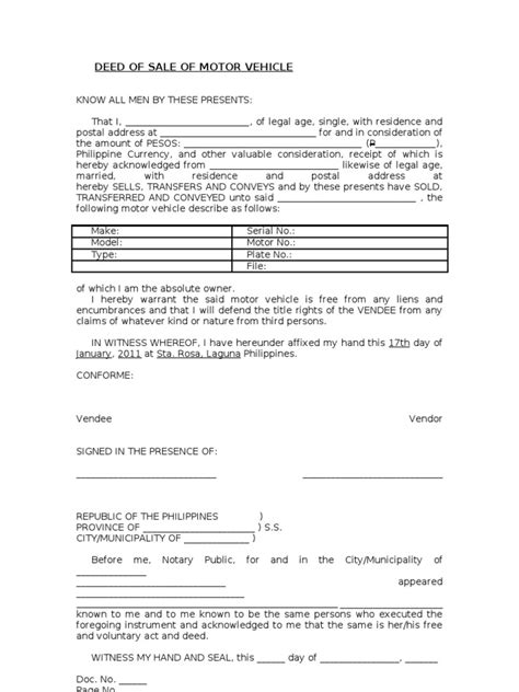 Deed Of Sale Of Motor Vehicle Sample Philippines Templates Sample