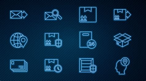 골판지 상자 판지 골판지 교통 기호 팩 보안 방패 지구본 위치 봉투 및 돋보기 아이콘으로 라인 배달원을 설정합니다 벡터 24에