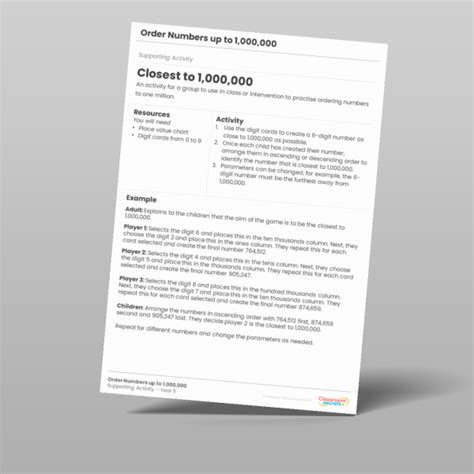 Year 5 Order Numbers Up To 1 000 000 Supporting Activity Resource Classroom Secrets