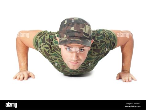 Young Army Soldier Doing Push Up Isolated On White Background Front