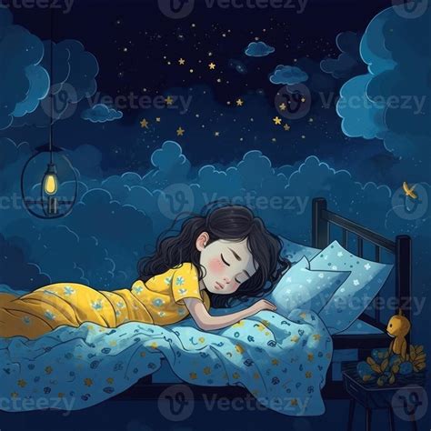 Girl Sleeping Among The Blue Sky Bright Moon And Stars Cartoon With