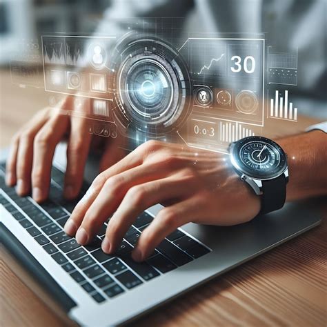Premium Photo Closeup Of Hands Typing On A Keyboard With Futuristic Holographic Data Overlays