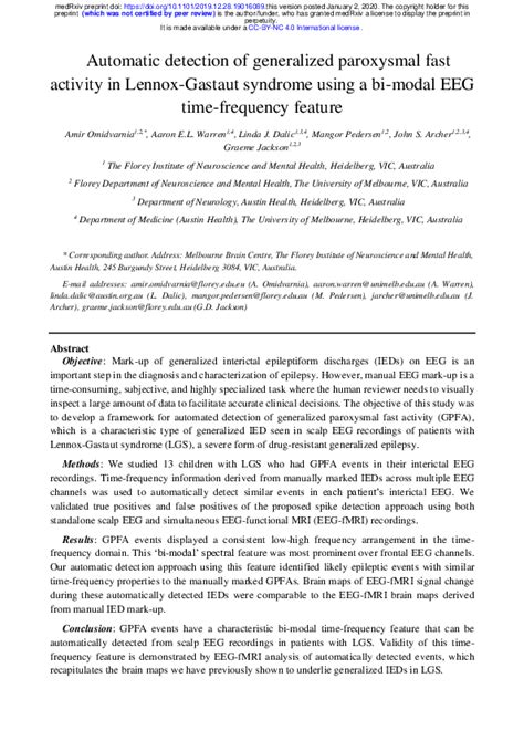 Pdf Automatic Detection Of Generalized Paroxysmal Fast Activity In Lennox Gastaut Syndrome