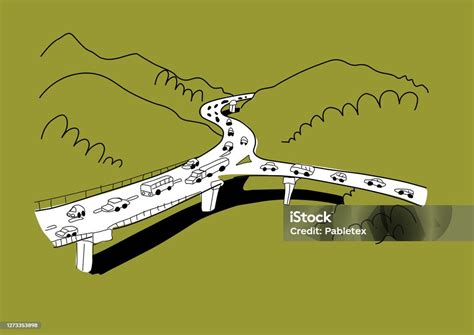나무 풍경을 가로 질러 자동차와 고속도로 잼 만화 손으로 그린 스타일 일러스트 교통 체증에 대한 스톡 벡터 아트 및 기타 이미지 교통 체증 일러스트레이션 0명