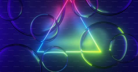 3d 렌더링 삼각형 프레임과 유리 공이 있는 추상적인 다채로운 네온 배경 빛나는 기하학적 모양과 반투명 거품 사진