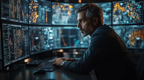 Cybersecurity Expert Analyzing Data On Multiple Screens Premium Ai Generated Image