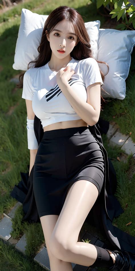 흰 셔츠와 검은 치마를 입은 아시아 여성이 사진을 찍고 있다 Seaart Ai