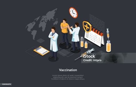 만화 3d 스타일의 벡터 일러스트레이션 텍스트가 있는 어두운 배경에 대한 등색 구성입니다 의료 백신 예방 접종 과정 개념으로 예방 접종 캐릭터 병원 인포그래픽 아이템 제재에