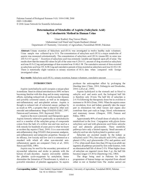 Pdf Determination Of Metabolite Of Aspirin Salicyluric Acid By Colorimetric Method In Human