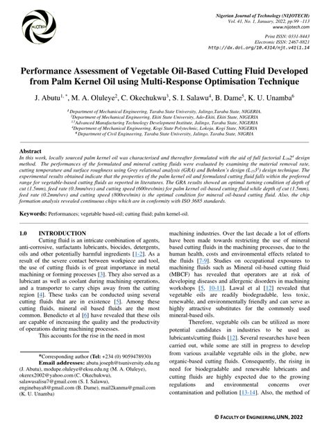 Pdf Performance Assessment Of Vegetable Oil Based Cutting Fluid