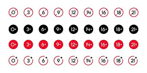 연령 미만 경고 빨간색 및 검은색 흰색 배지 성인용 콘텐츠 연령 한정 연령 제한 표지판 세트 연령 제한을 표시하십시오 그림 0명에 대한 스톡 벡터 아트 및 기타 이미지