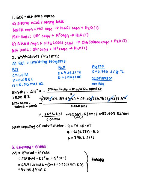 Enthalpy Of Neutralization Lab BCE Net Ionic Eguns A Strong Acid I Strong Base NaOH Ag HCl Cag