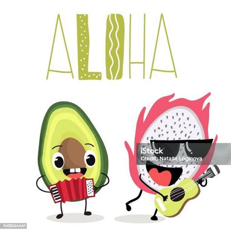 벡터 일러스트 레이 션 캐릭터 만화 재미있는 과일 하모니카를 연주하는 아보카도 기타 연주 용 과일 피타야 알로하 레터링 여름 여름 분위기 과일 유기농 유치한 개념 감정에