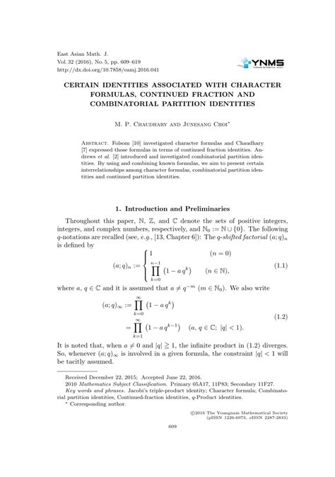 Pdf Certain Identities Associated With Character Formulas Continued Fraction And