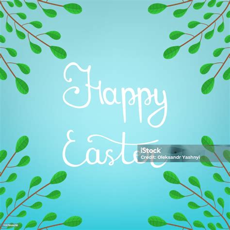 서 예 레터링 파란색 배경에 행복 한 부활절 비문 녹색 가지에서 아름 다운 꽃 프레임입니다 디자인에 대 한 벡터 일러스트 레이 션 웹 계절에 대한 스톡 벡터 아트 및 기타
