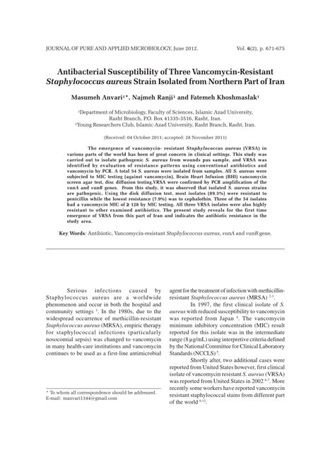 Pdf Antibacterial Susceptibility Of Three Vancomycin Resistant Staphylococcus Aureus Strain