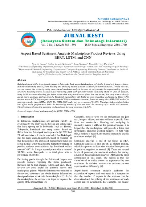 Pdf Aspect Based Sentiment Analysis Marketplace Product Reviews Using Bert Lstm And Cnn