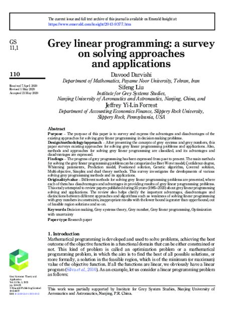 Pdf Grey Linear Programming A Survey On Solving Approaches And