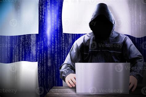 anonymous hooded hacker and flag of finland binary code cyber attack