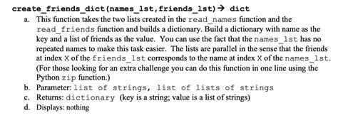solved create friends dict names lst friends lst → dict a