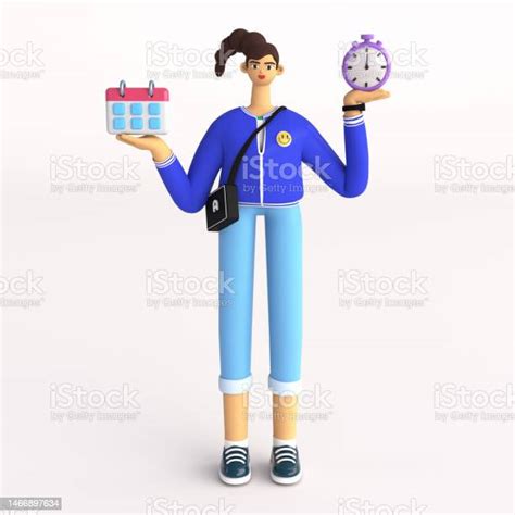 시계와 달력을 들고 있는 젊은 여자 계획 일정 및 자기 조직 개념 3d 렌더링 그림입니다 흰색 배경에 격리 가정 생활에 대한 스톡 사진 및 기타 이미지 Istock