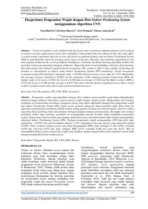 Pdf Eksperimen Pengenalan Wajah Dengan Fitur Indoor Positioning System Menggunakan Algoritma Cnn