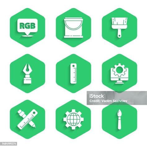 눈금자 지구의 지구와 기어 페인트 브러시 컴퓨터 모니터 교차 자 연필 만년필 및 Rgb Cmyk 아이콘이있는 말풍선을 설정합니다