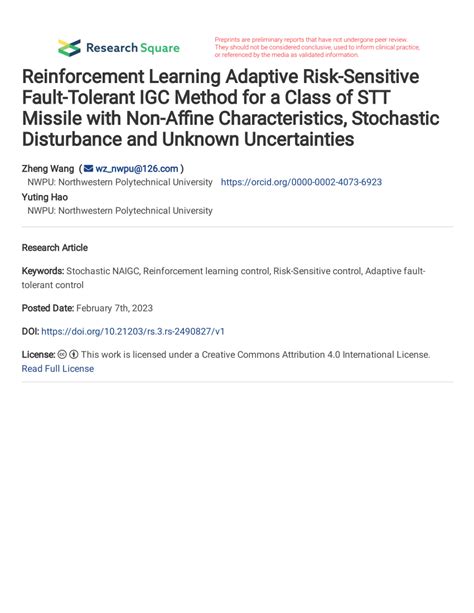 Pdf Reinforcement Learning Adaptive Risk Sensitive Fault Tolerant Igc Method For A Class Of