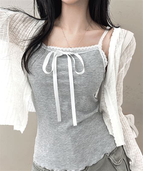 레이어드템청순큐티 프릴 레이스 리본 나시 에이블리