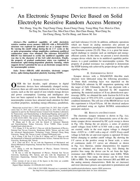 Pdf An Electronic Synapse Device Based On Solid Electrolyte Resistive Random Access Memory