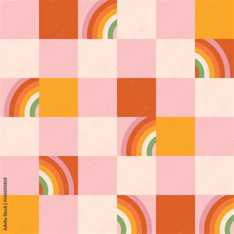 70s Retro Seamless Pattern With Groovy Trippy Grid Checkered Background With Rainbow Hippie