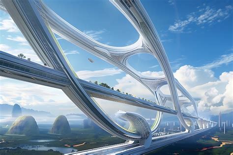 Futuristic Cityscape With Interconnected Sky Bridges And A View Of The Landscape Premium Ai