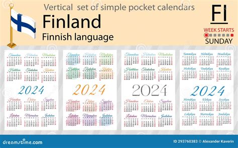 Finnish Vertical Set Of Pocket Calendar For 2024 Week Starts Sunday