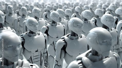 Crowd Of White Android Robots Showcasing Advanced Ai Machine Learning And Automation In A Sci