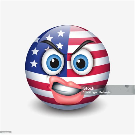 버 릇 입술과 미국 국기 동기웃는벡터 일러스트와 함께 흰색 배경에 고립 된 이모티콘 공 스포츠 장비에 대한 스톡 벡터 아트 및 기타 이미지 공 스포츠 장비 귀여운