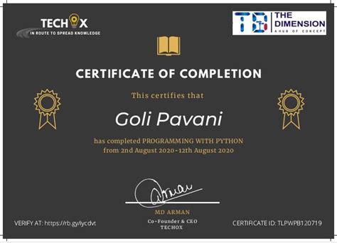 Goli Pavani On Linkedin Certificate For Completion Of Python With Techox