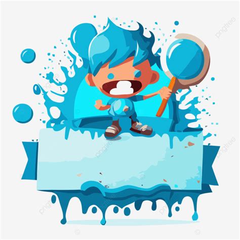 파란색 배너 벡터 스티커 클립 아트 만화 남자는 페인트 얼룩 배너에 튀는 파란색 음식 양동이를 들고있다 상표 클립 아트 Png 일러스트 및 벡터 에 대한 무료