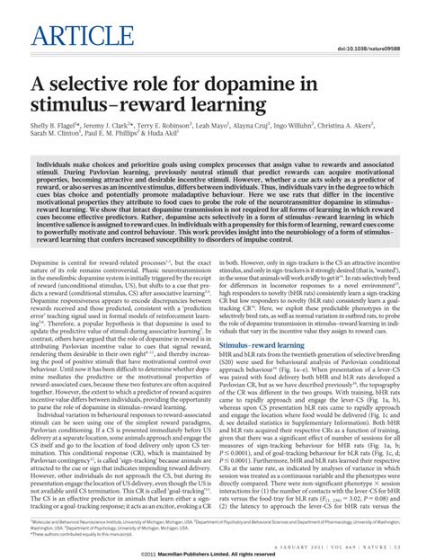 Pdf A Selective Role For Dopamine In Stimulus Reward Learning