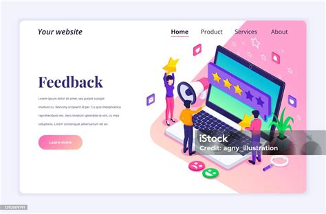고객 리뷰 개념의 Isometric 방문 페이지 디자인 개념 피드백을 주는 큰 노트북 근처 사람들 제품 또는 서비스를 평가하는