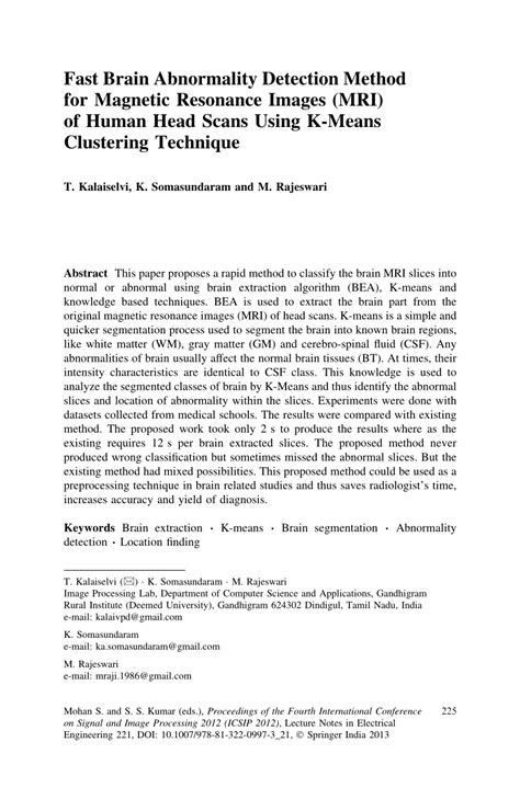 Pdf Fast Brain Abnormality Detection Method For Magnetic Resonance Images Mri Of Human Head