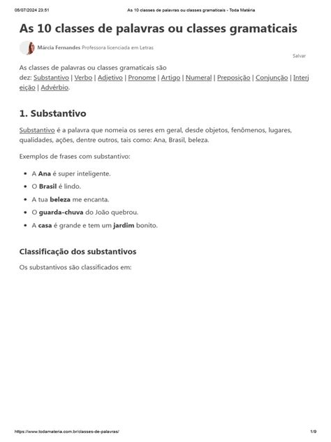 As 10 Classes De Palavras Ou Classes Gramaticais Toda Matéria Pdf