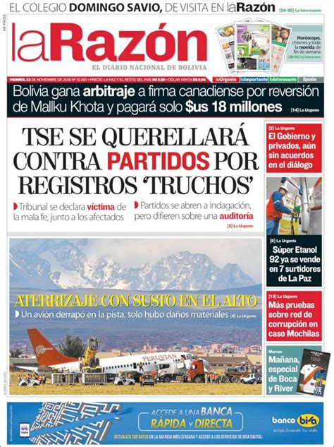 Portada Viernes 23 De Noviembre La Razón Bolivia Alnavío