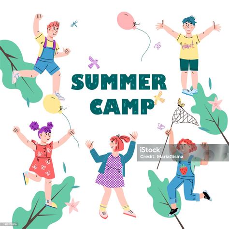 어린이 여름 캠프 만화 벡터 일러스트에 대한 배너 또는 포스터 여름 캠프에 대한 스톡 벡터 아트 및 기타 이미지 여름 캠프 책자 디자인 Istock