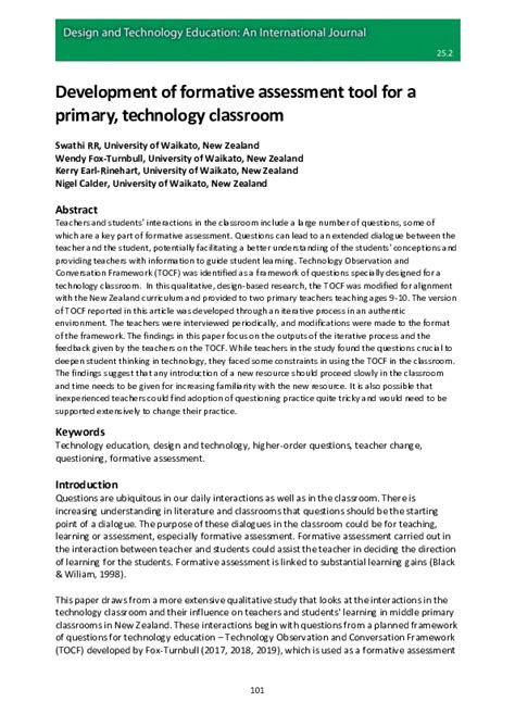 Pdf Formative Assessment Tool Development For Primary Tech Classrooms