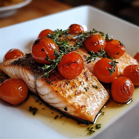 Crispy Pan Seared Salmon With Roasted Cherry Tomatoes Bliss Recipes
