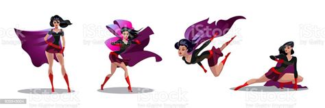만화 슈퍼 우먼 서로 다른 포즈에서 작업입니다 여성 슈퍼 히어로 벡터 만화 캐릭터입니다 슈퍼 히어로 여자 만화 그림 날기에 대한