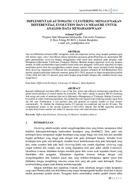 Pdf Implementasi Automatic Clustering Menggunakan Differential Evolution Dan Cs Measure Untuk